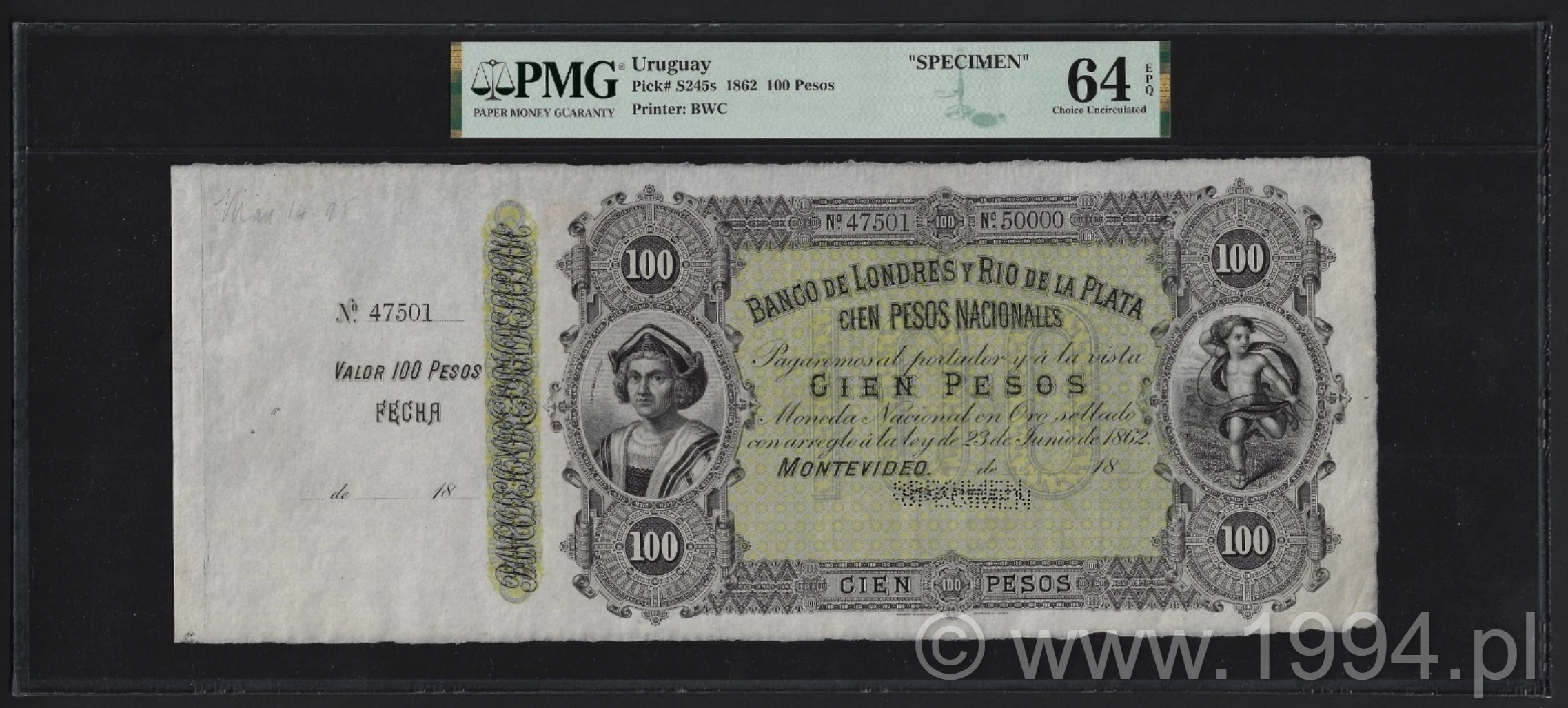 Uruguay 1862 — Banco de Londres y Rio de la Plata 100 Pesos Specimen ...